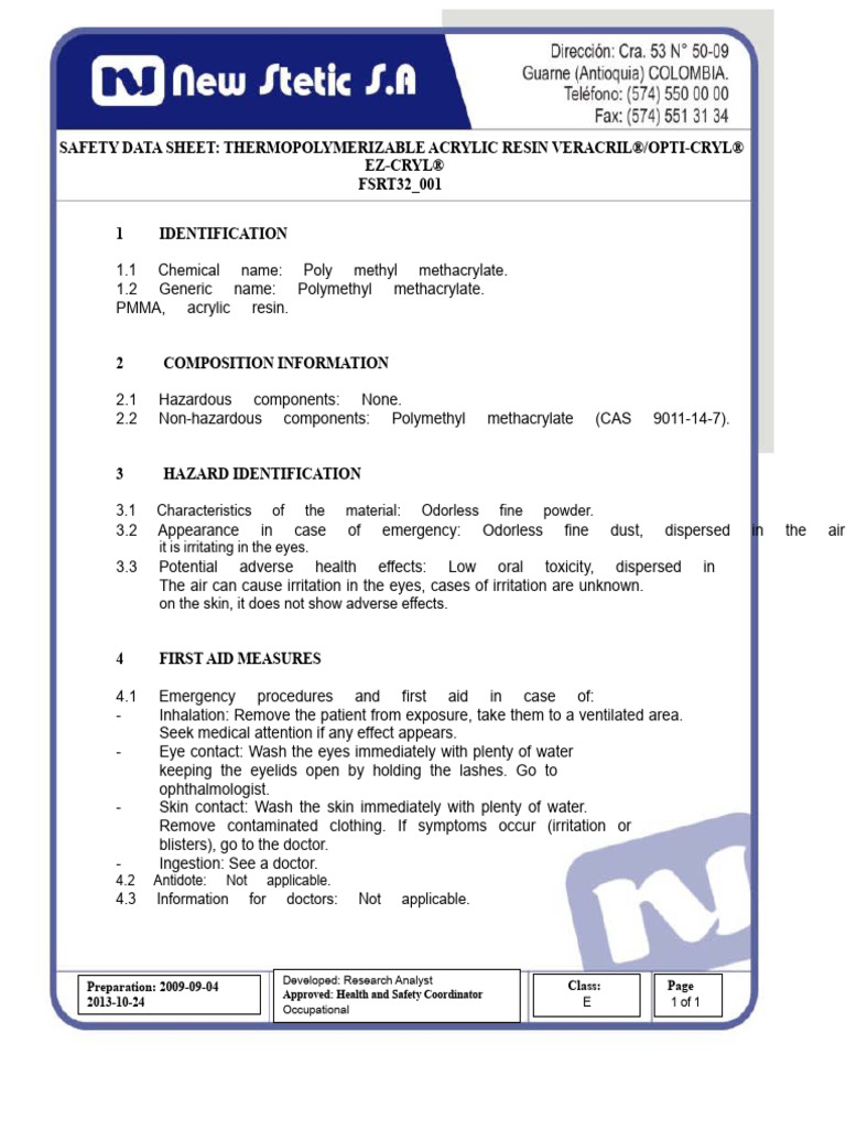 Safety Data Sheet: Acrylic Resin PMMA | PDF | Poly(Methyl Methacrylate ...
