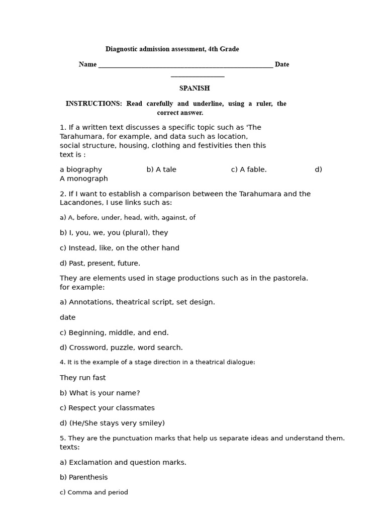Fourth grade primary admission exam | PDF | Linguistic Morphology | Syntax