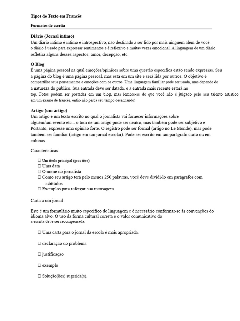 Tipos de Textos em Francês: Guia Completo | PDF | Argumento | Blog