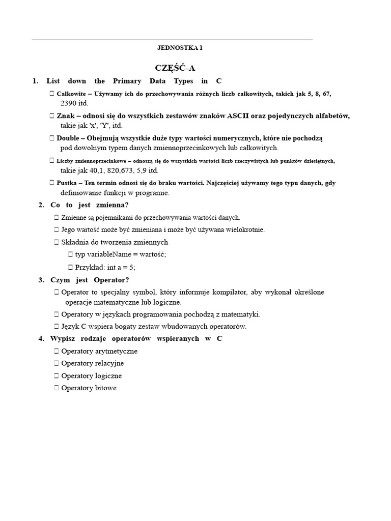 Jednostka 1 CS3353 - Programowanie W C I Struktury Danych | PDF