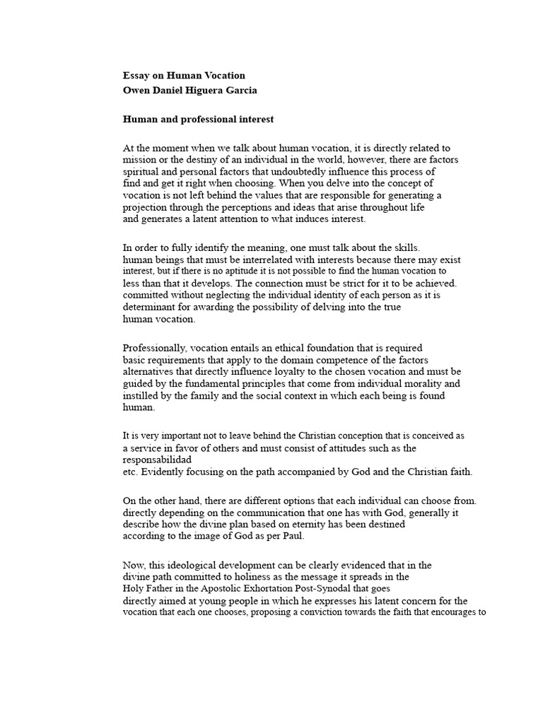 Essay on human vocation | PDF | Faith | God In Christianity