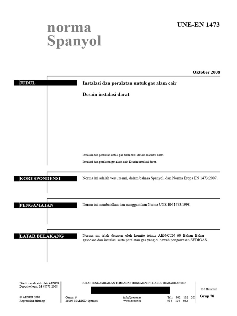 UNE-En 1473 2008 - Instalasi Dan Peralatan Untuk GNL - Desain | PDF