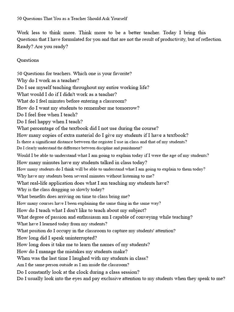Reflective Questions for Teachers | PDF | Teachers | Classroom