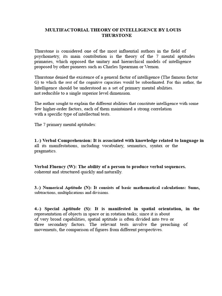 Multifactorial Theory of Intelligence by Louis Thurstone | PDF ...