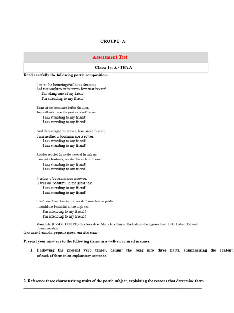 Assessment Test Folk Songs of Friends 2016 17 | PDF | Linguistics ...