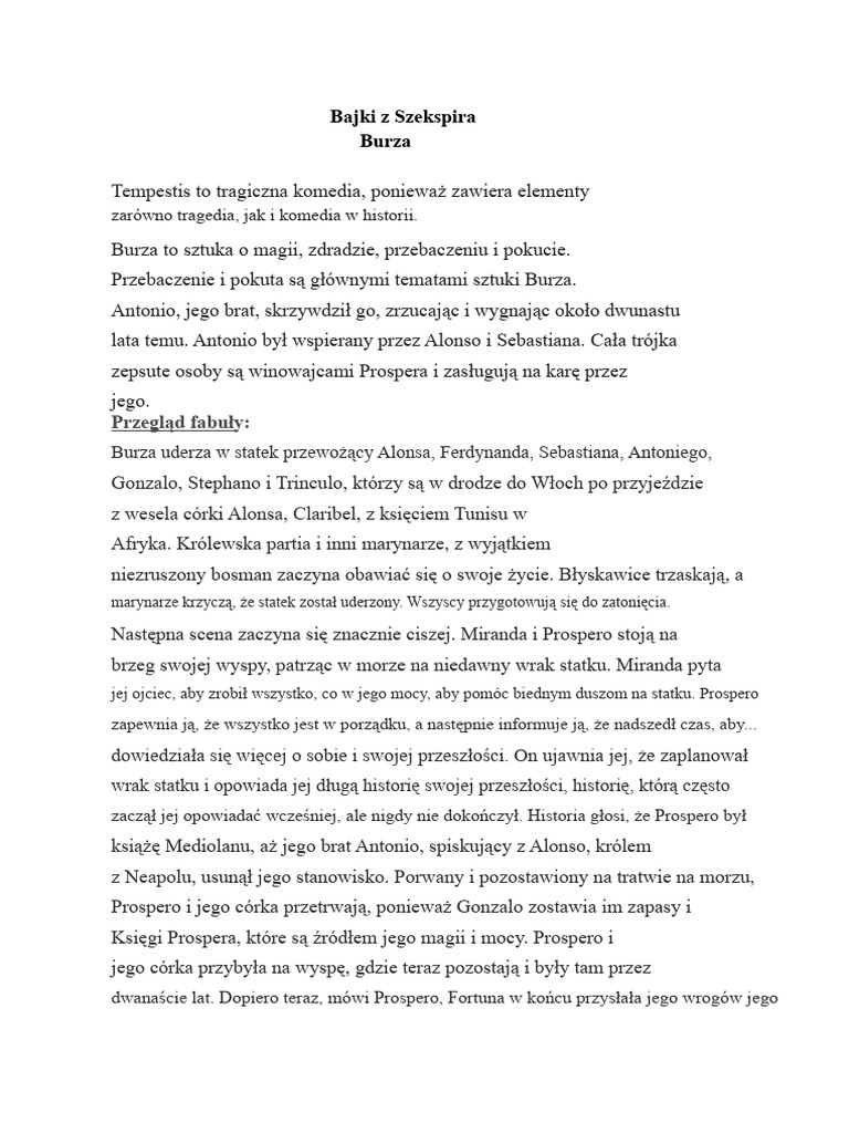 Recenzja Fabuły "Burzy" Przez Nauczyciela Klasy 7 | PDF