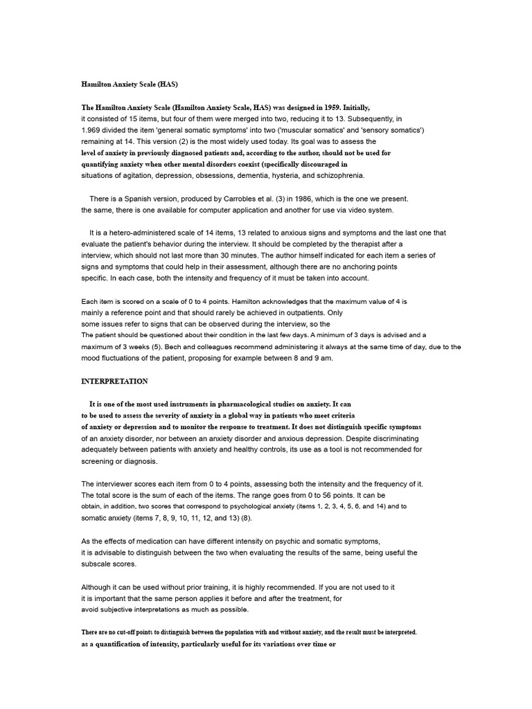 Hamilton Anxiety Scale Overview and Use | PDF | Anxiety | Major ...