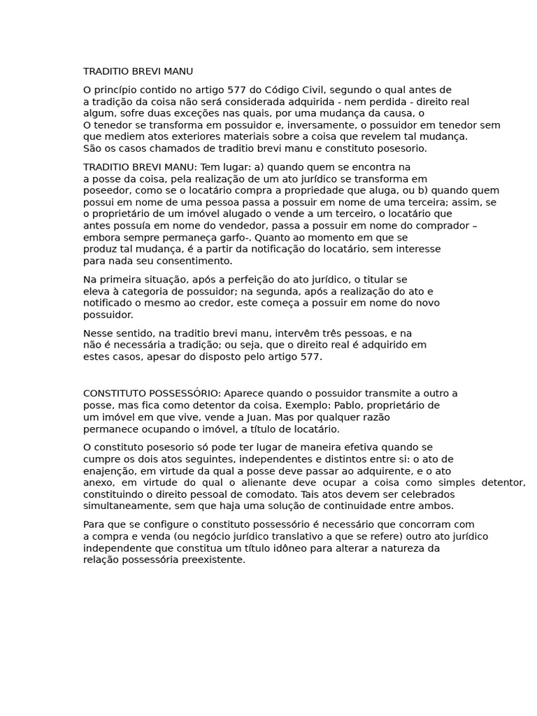 Traditio Brevi Manu e Constituição Possessória | PDF