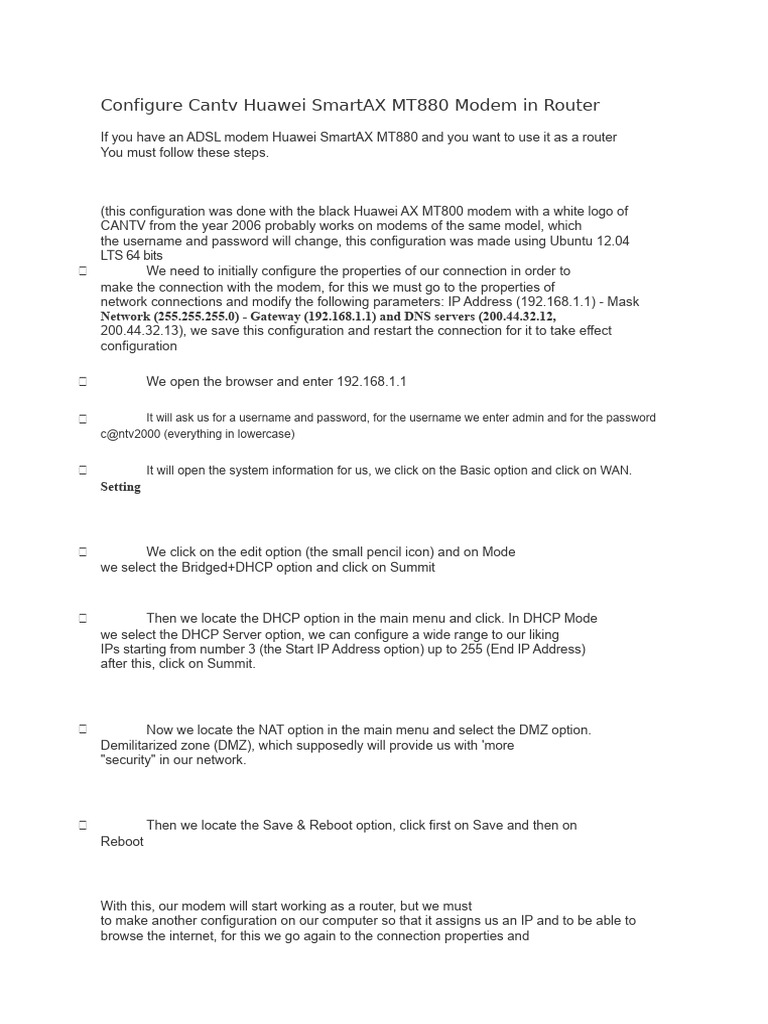 Configure Cantv Huawei SmartAX MT880 Modem On Router | PDF | Ip Address ...