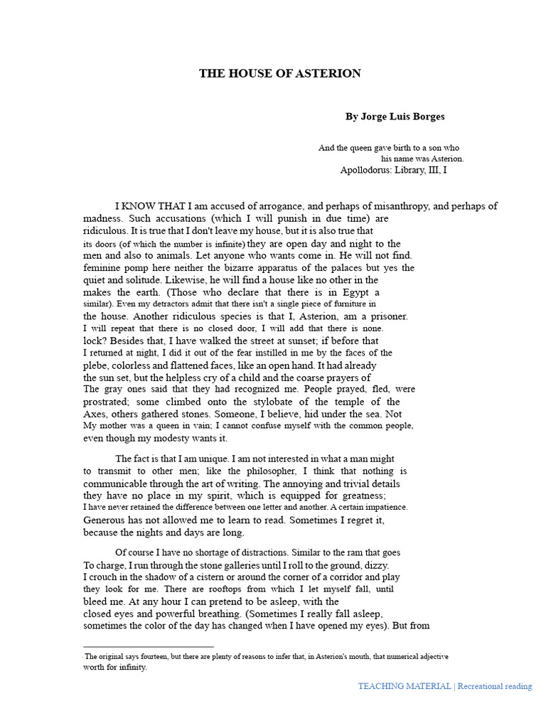 The House of Asterion - Jorge Luis Borges | PDF | Theseus