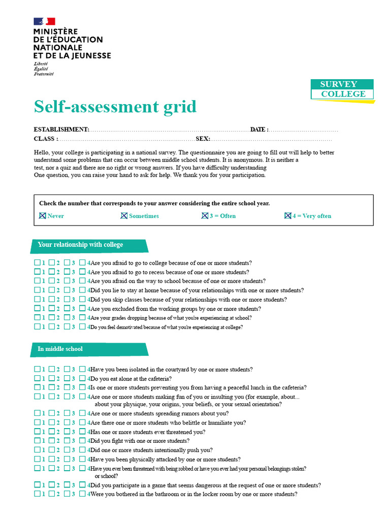 Middle school self-assessment grid | PDF | Injustice | Social Ethics