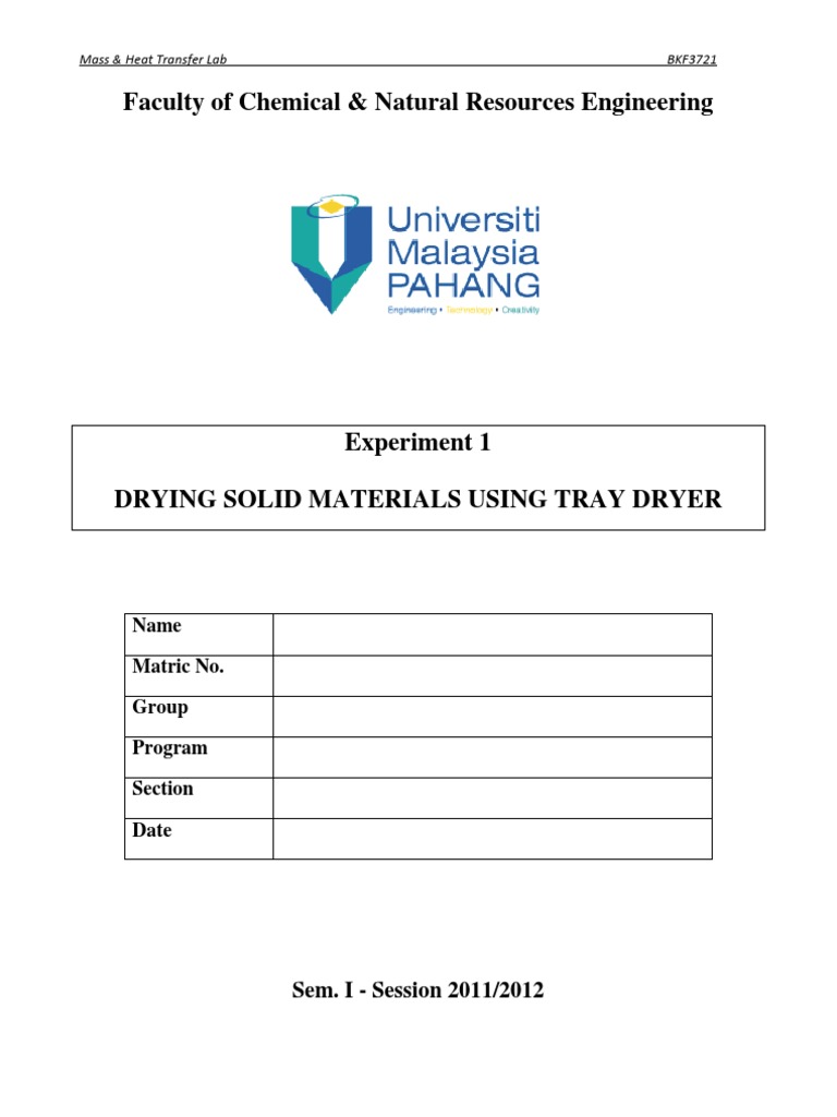 Exp. 1 Drying Solid Material Using Tray Dryer Unit | PDF | Solid ...