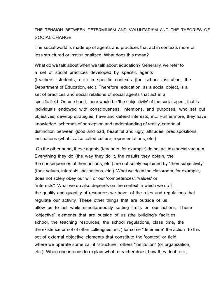 Determinism vs. Voluntarism in Education | PDF | Sociology | Intention