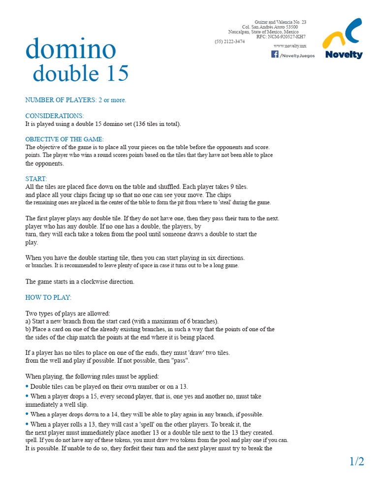 Double 15 Dominoes Game Rules | PDF | Gambling | Gambling Games