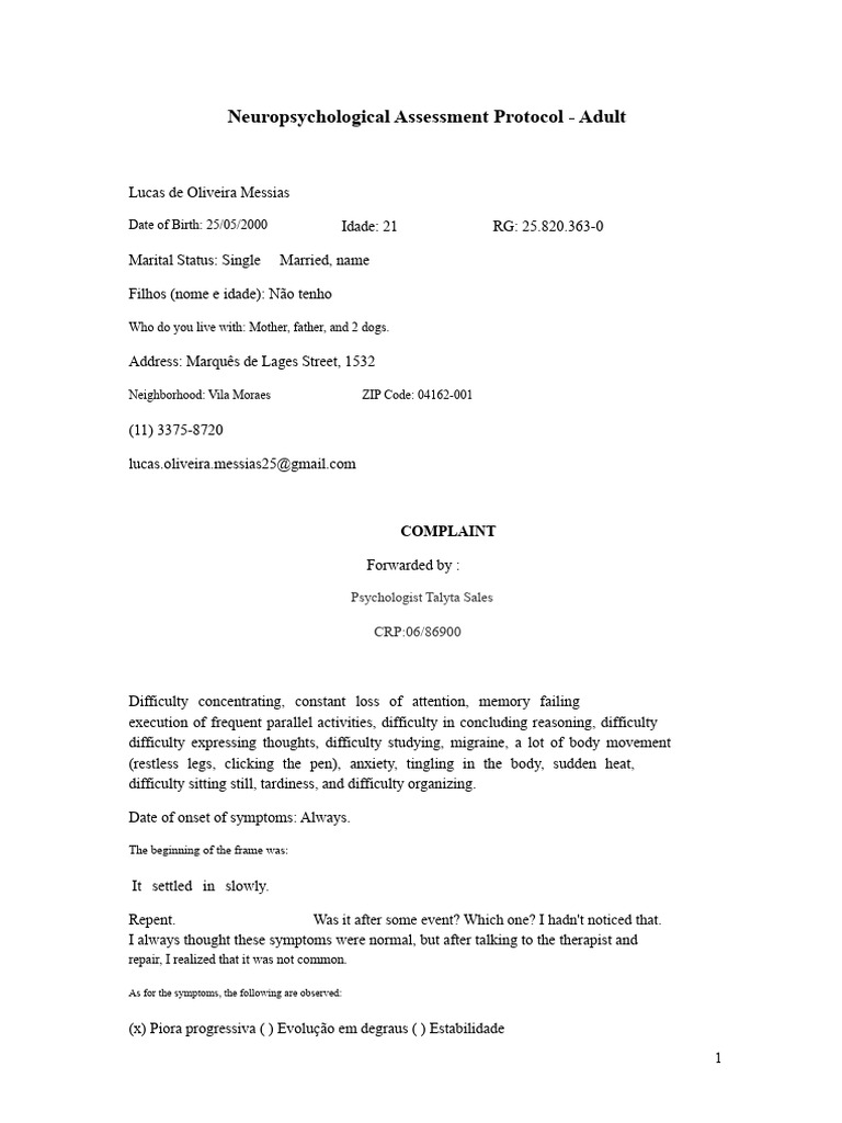 Neuropsychological Assessment Questionnaire - Adult | PDF | Stroke ...
