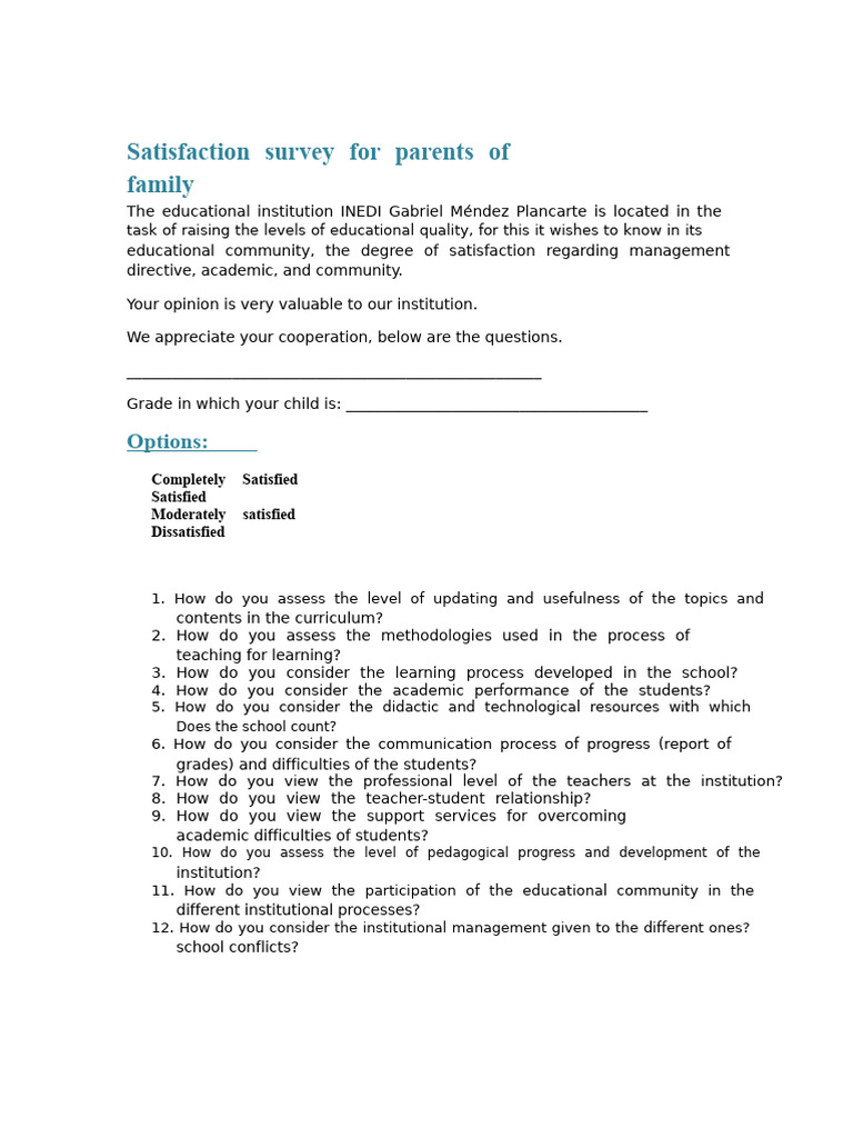 Parent Satisfaction Survey | PDF