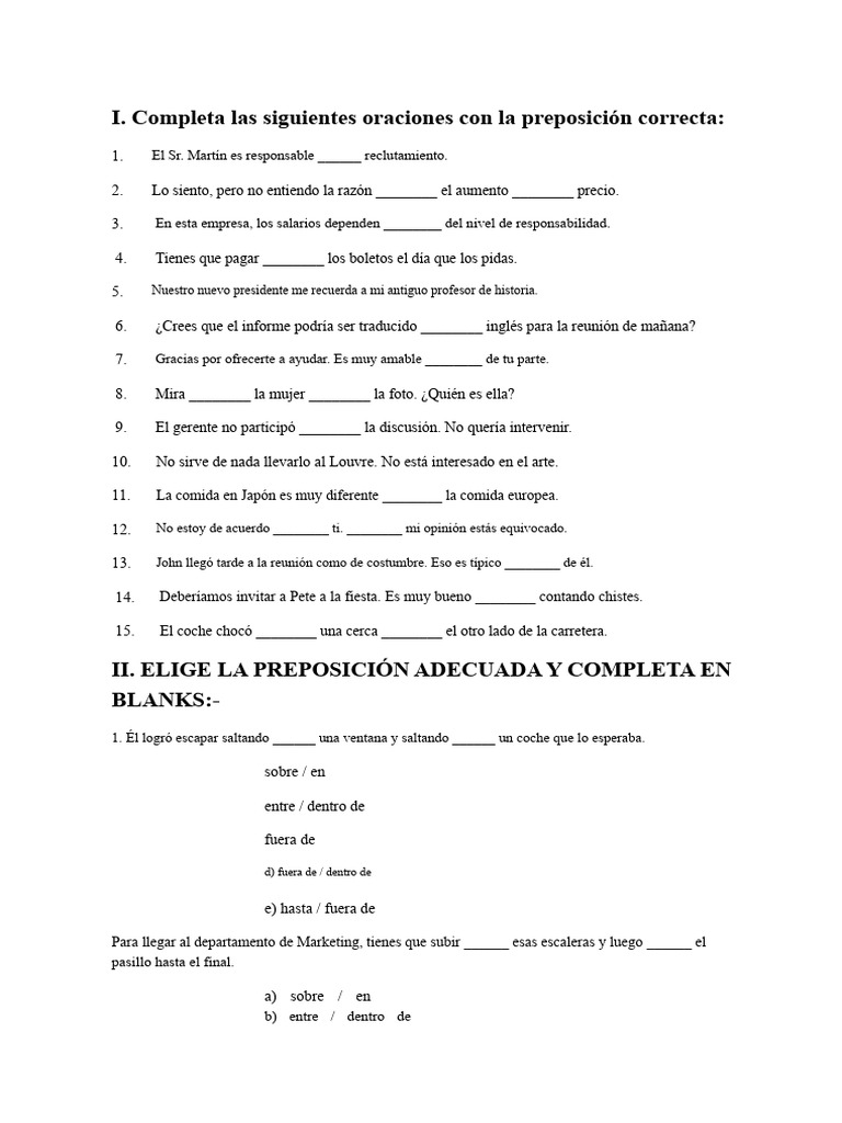 Ejercicios de Preposiciones para Primaria | PDF
