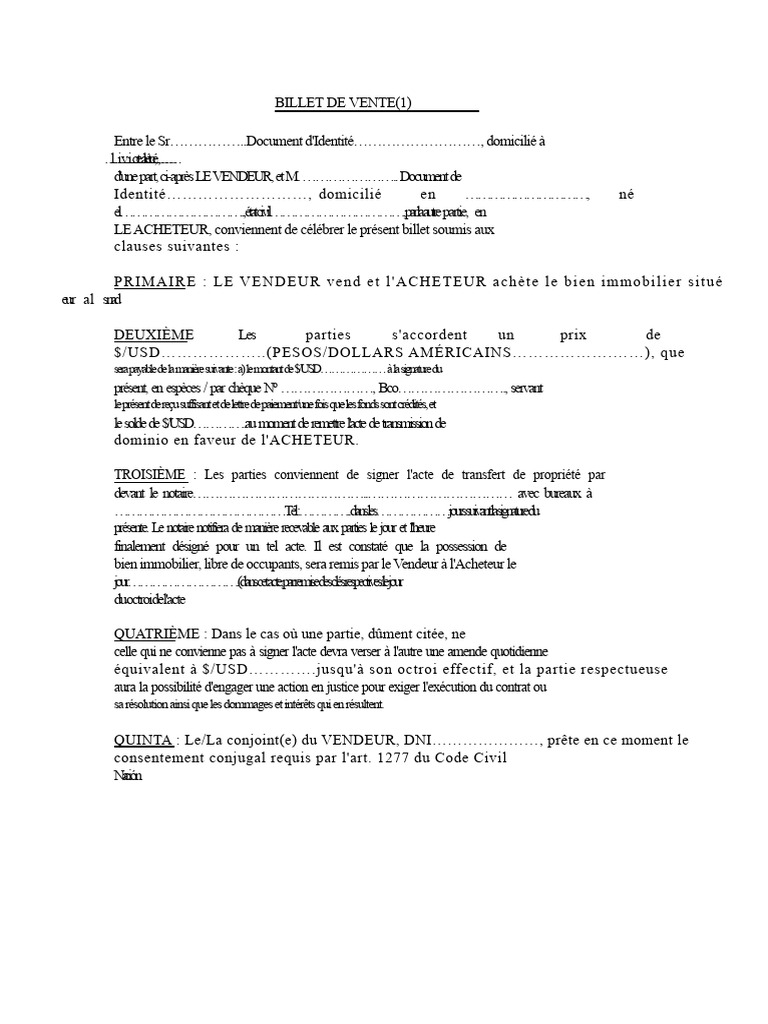Modèle de Billet de Vente Immobilier | PDF | Loi commune
