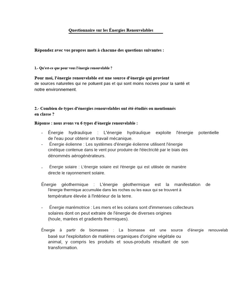 Questionnaire sur les Énergies Renouvelables | PDF | Énergie solaire ...