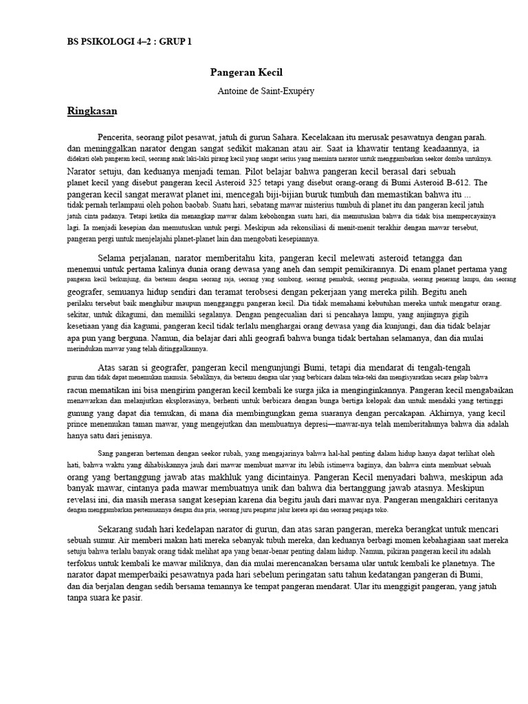 Rangkuman Dan Karakter "Pangeran Kecil" | PDF