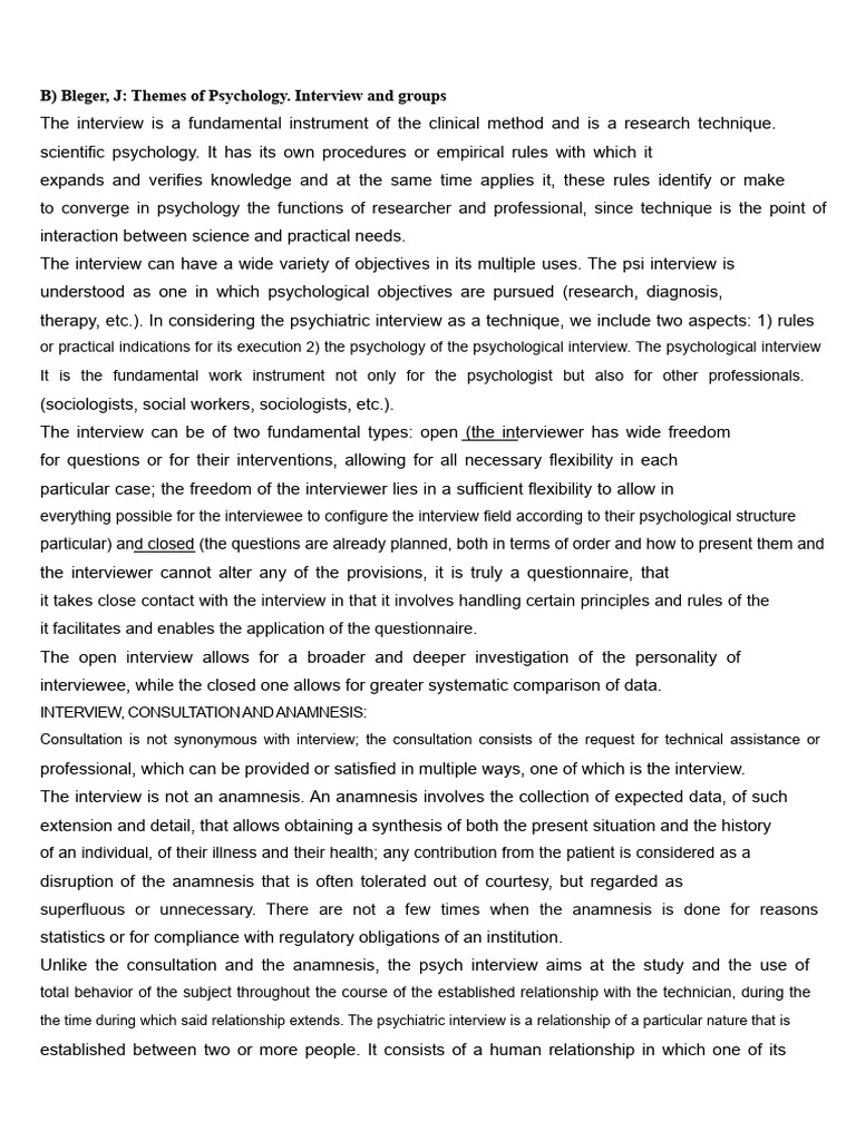 Summary of Bleger's The Psychological Interview. Its Use in Diagnosis ...
