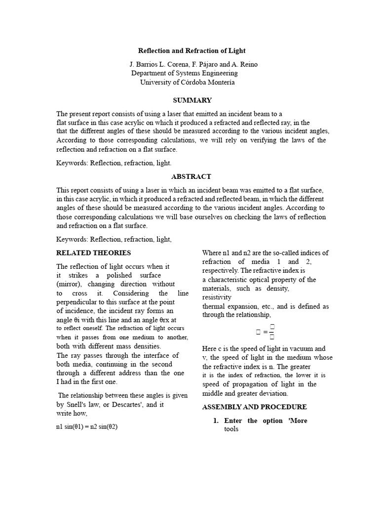 Laboratory Report on Reflection and Refraction of Light | PDF | Refraction | Reflection (Physics)