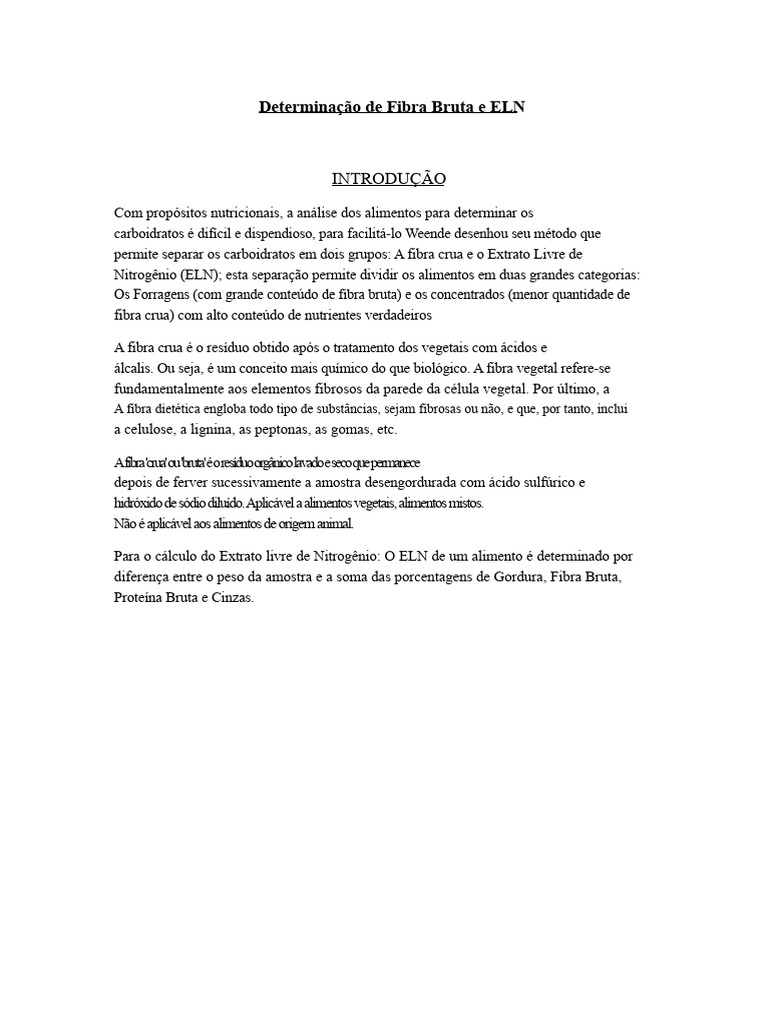 Análise de Fibra Bruta e ELN em Alimentos | PDF | Fibra alimentar ...