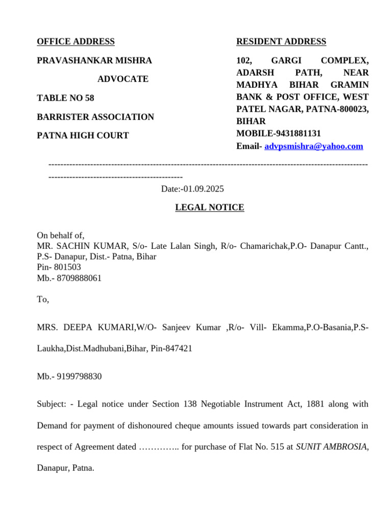Sachin Kumar Legal Notice | PDF | Cheque | Justice