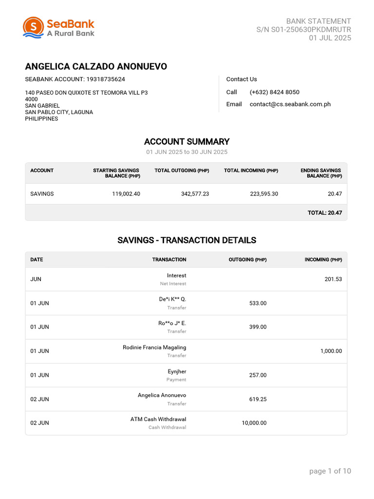SeaBank Statement: June 2025 Summary | PDF | Credit Card | Debit Card