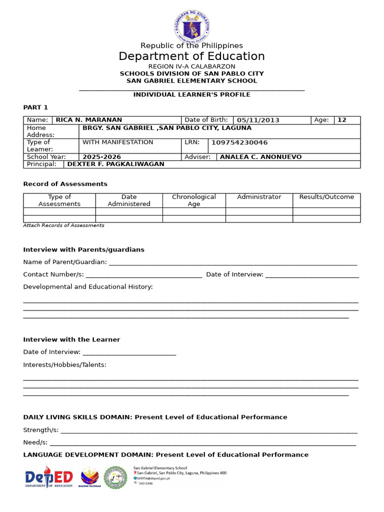 Individual Learner's Profile | PDF | Learning | Psychology