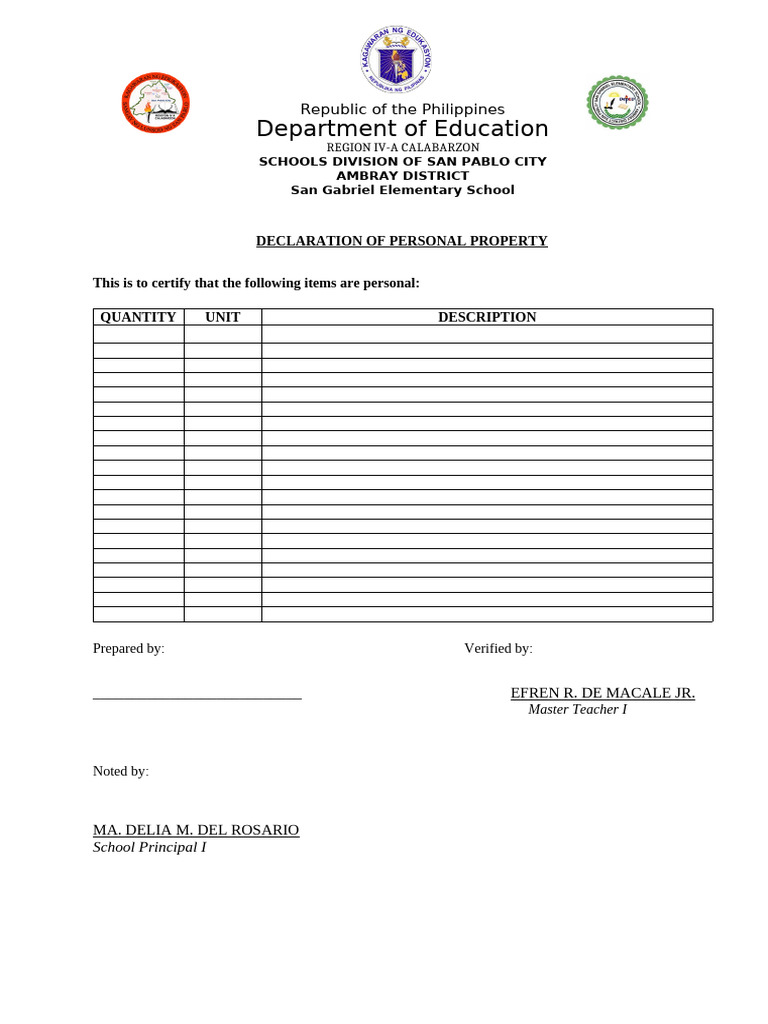 Declaration of Personal Property Temp | PDF