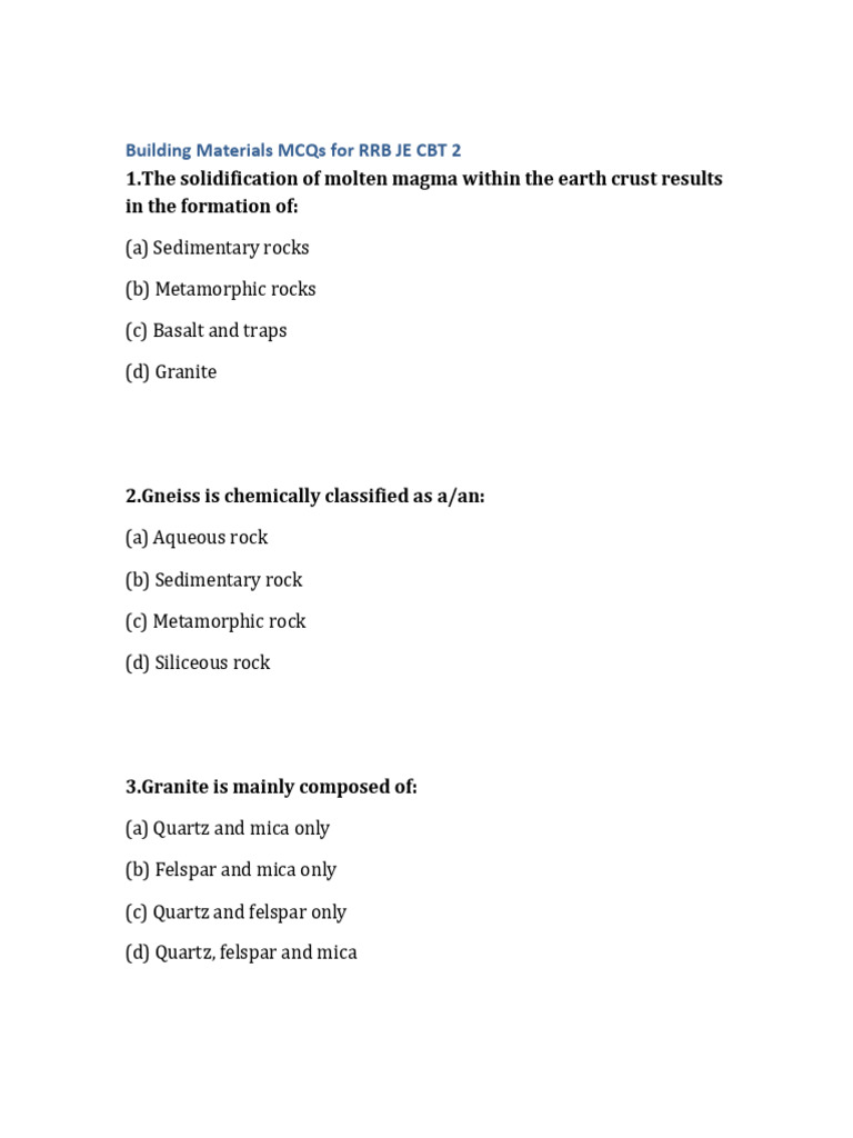 Building Materials MCQs Questions | PDF | Lime (Material) | Rock (Geology)