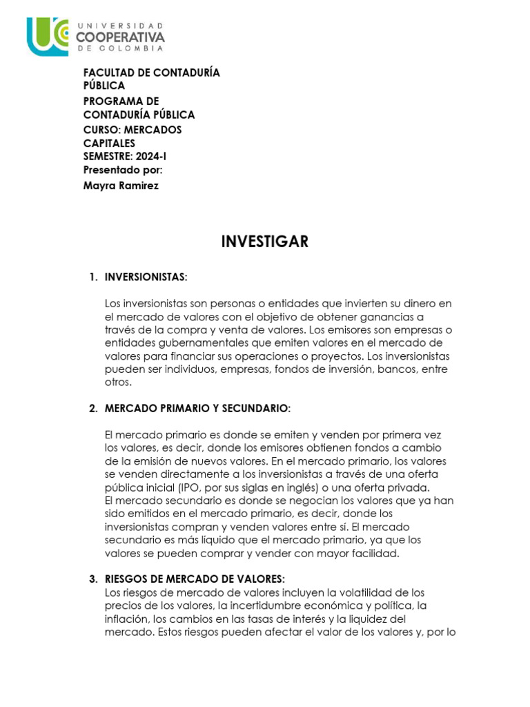 Definiciones Mercado de Valores - Mayra Ramirez | PDF | Bolsa de Valores | Inversiones