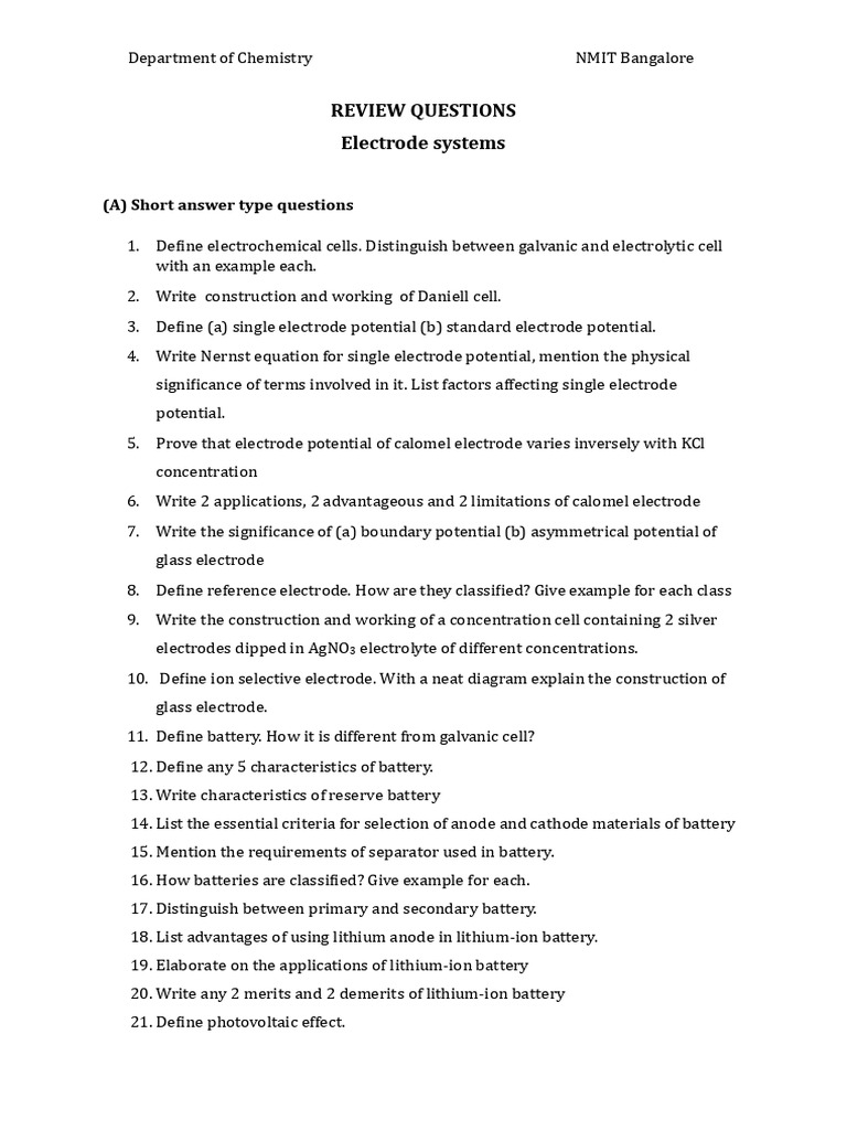 CHY 104 - Unit I - Review Questions | PDF | Electrode | Lithium Ion Battery