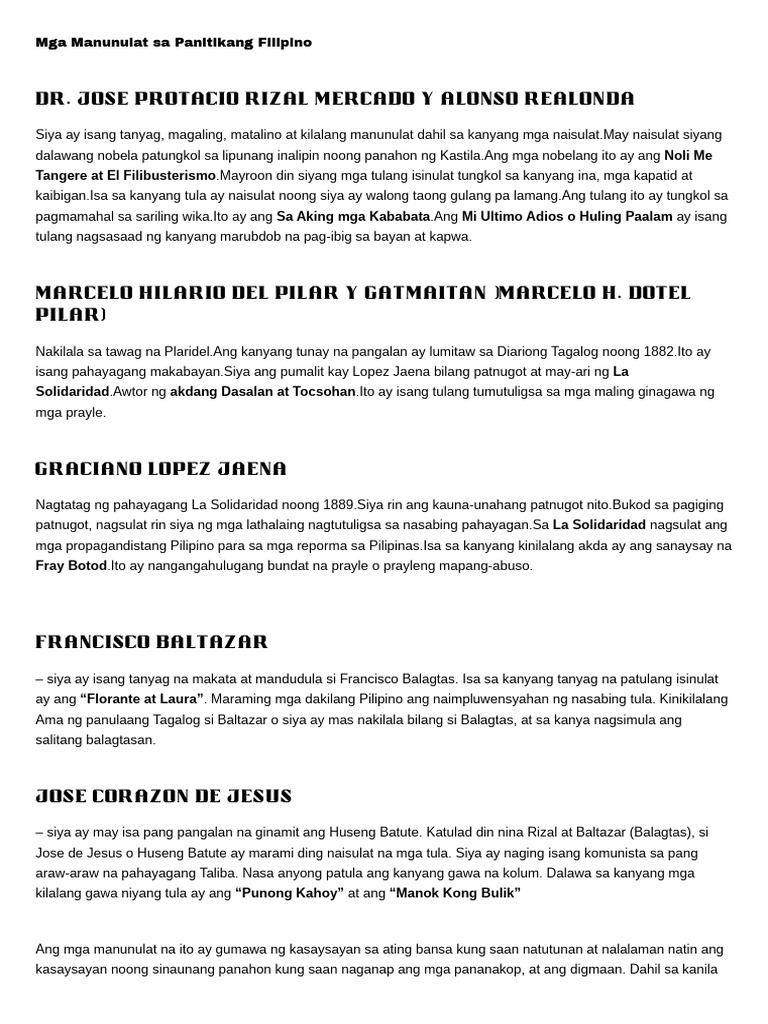 Mga Manunulat Sa Panitikang Filipino PDF | PDF
