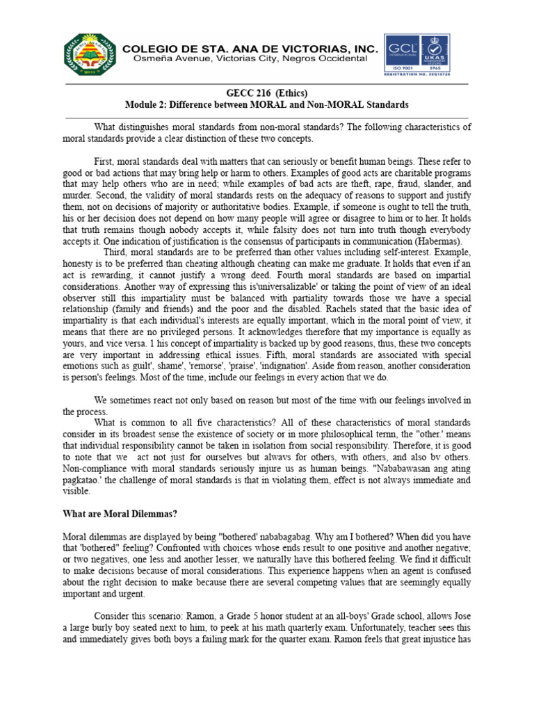 Mod2 Gecc 216 Ethics | PDF | Morality | Reason