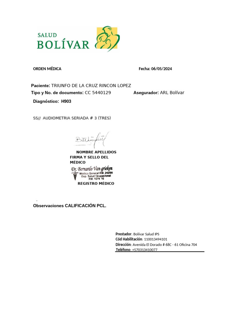 Orden Médica Fecha: 06/05/2024: Paciente: Tipo y No. de Documento ...