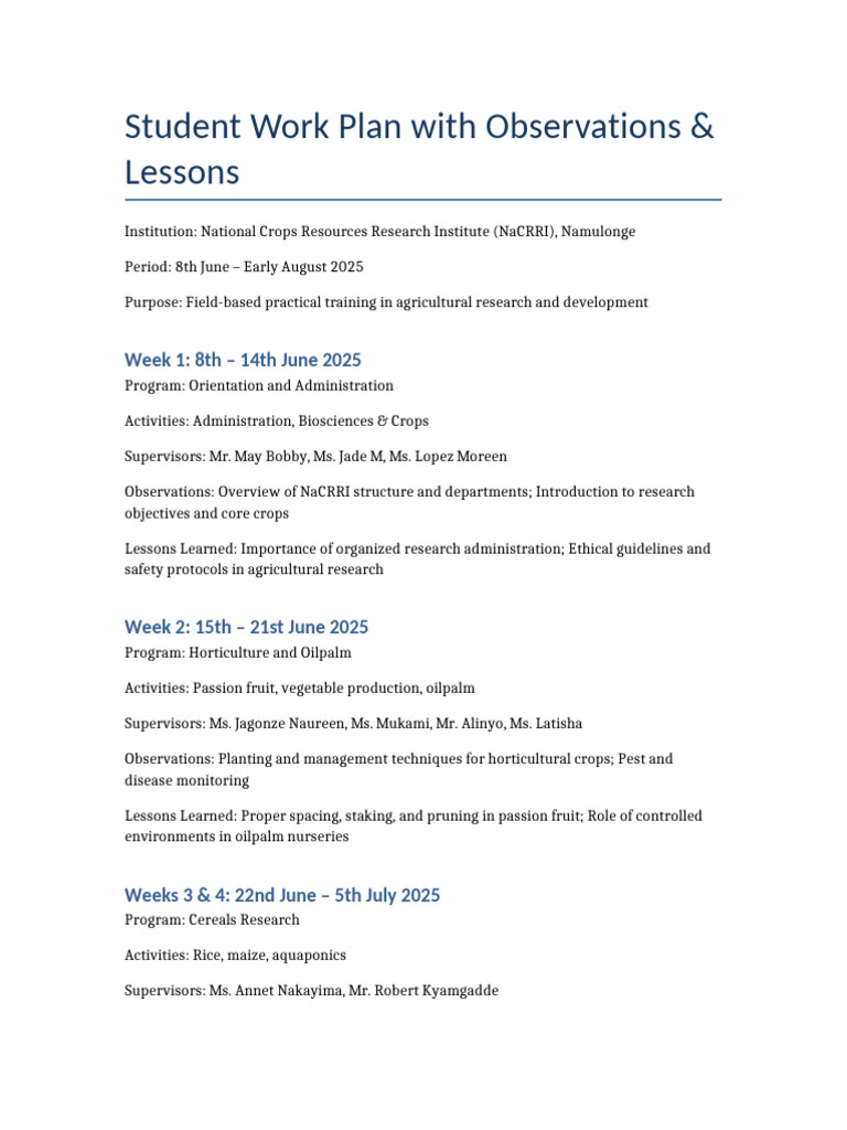 NaCRRI Student Work Plan 2025 | PDF | Biotechnology | Crops