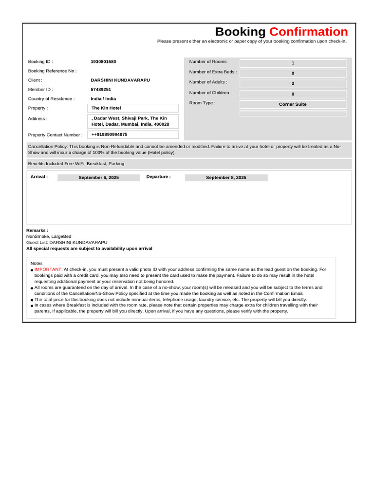 Booking Confirmation for The Kin Hotel | PDF