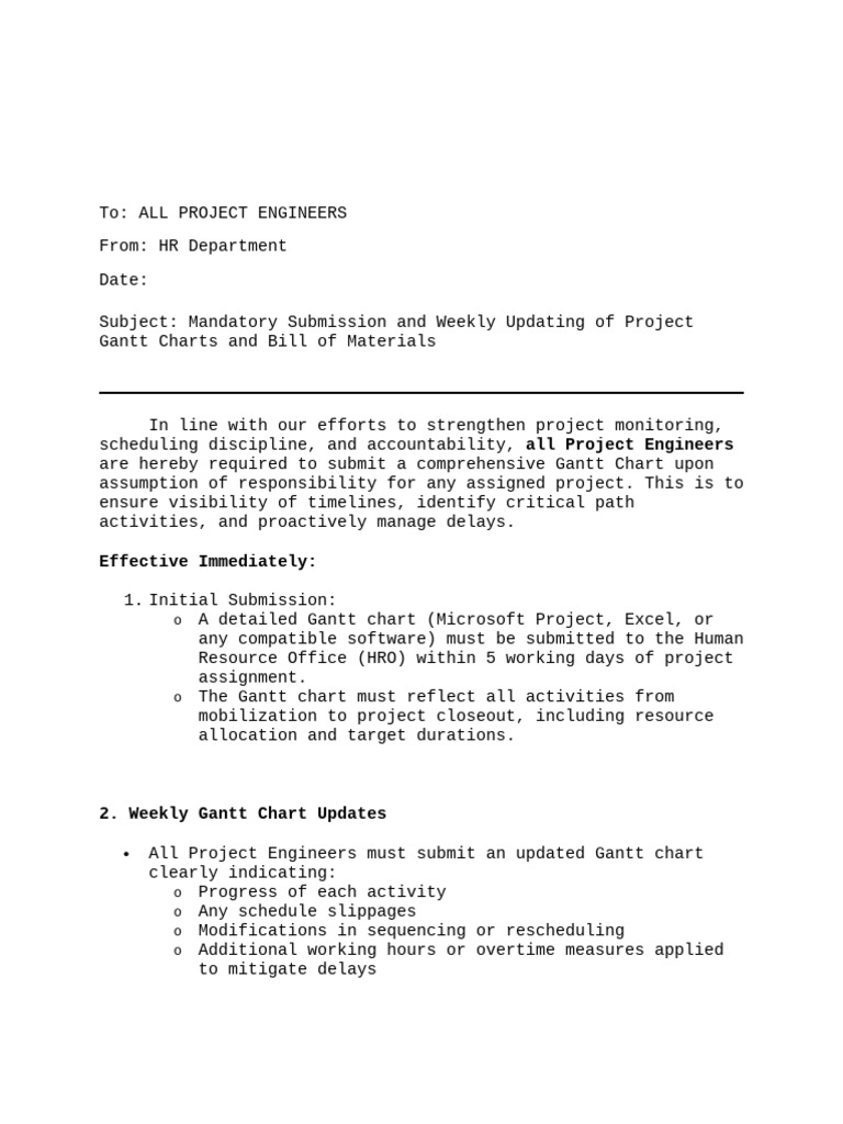 Memo - All Prorject Engineers - Gant Chart and Bill of Material | PDF
