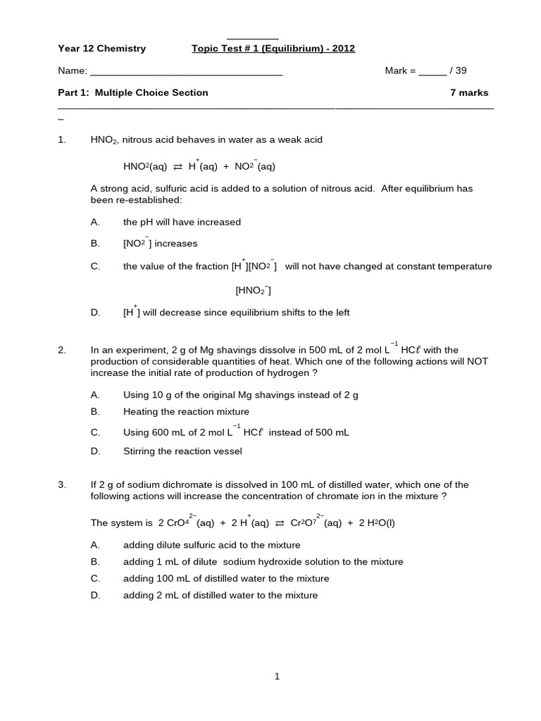 Yr12 Test (Equilibrium) - 2012 | PDF | Chemical Equilibrium | Acid