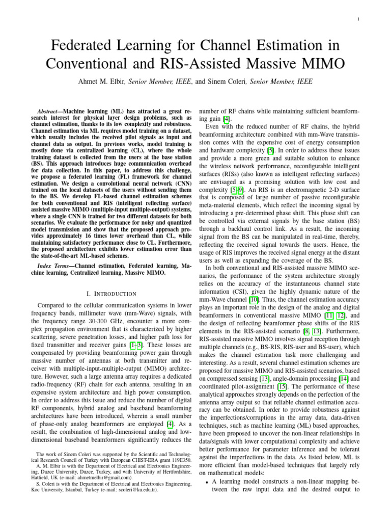 Federated Learning For Channel Estimation in Conventional and RIS-Assisted Massive MIMO | PDF ...