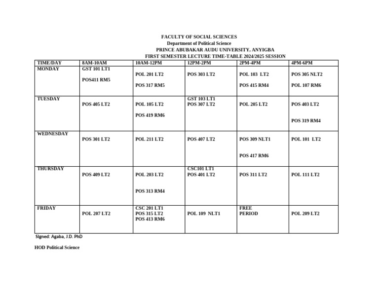 Lecture Time Table First Semester 2024 | PDF