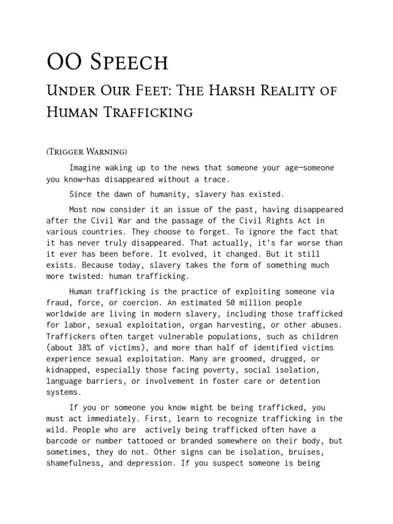 OO Speech: Under Our Feet: The Harsh Reality of Human Trafficking | PDF ...