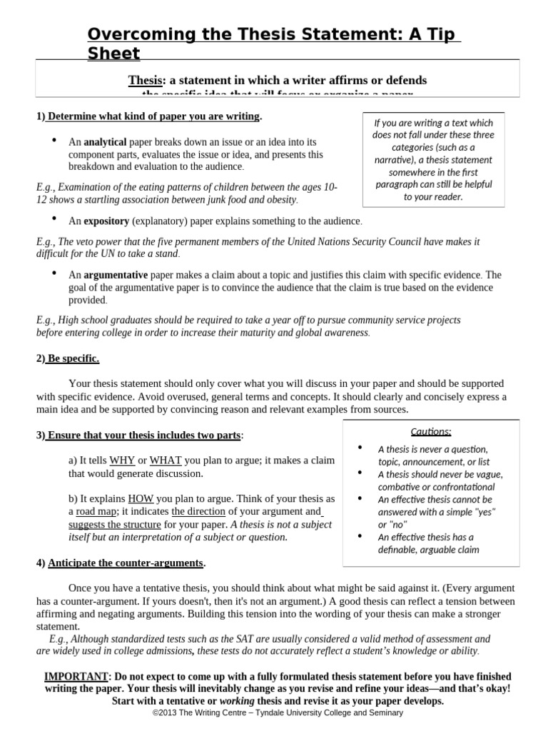 Thesis Statement Tip Sheet | PDF