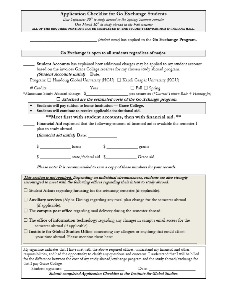 Go Exchange Program Application Checklist | PDF | Student Financial Aid ...