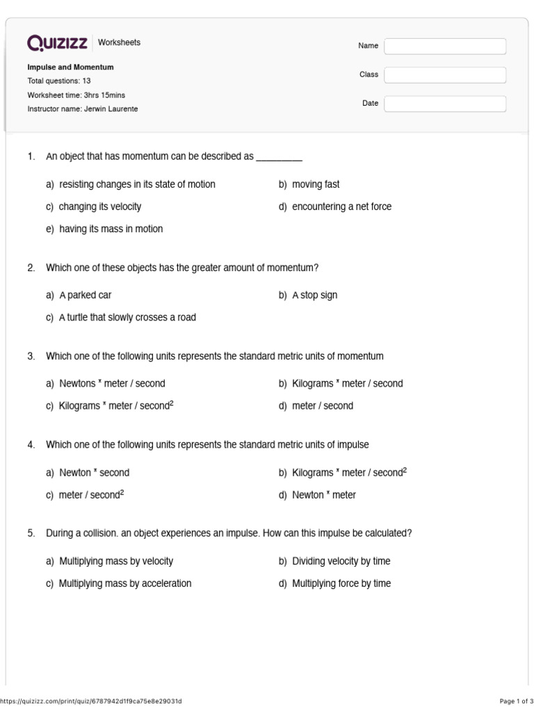 Impulse and Momentum Worksheets | PDF | Momentum | Collision