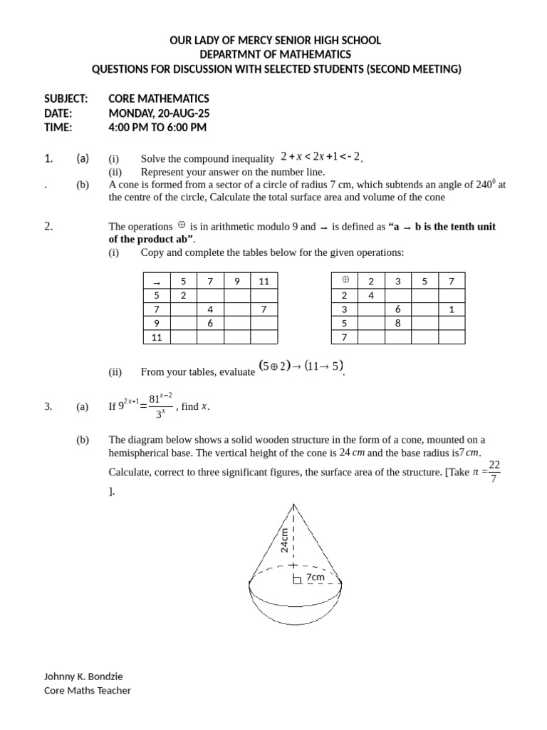 C. Maths Questions For Discussion With Selected Students (Second ...
