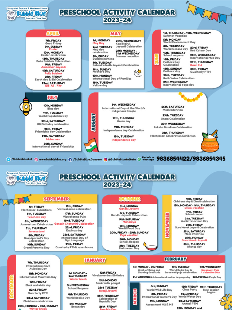 Preschool Activity Calendar 2023-24 | PDF | Religious Holidays