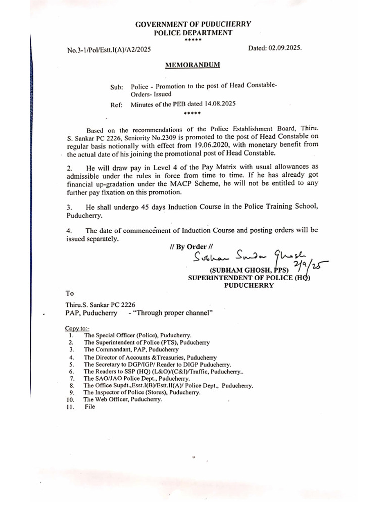Order Promotion To The Post of Head Constable Dt.02.09.25 | PDF